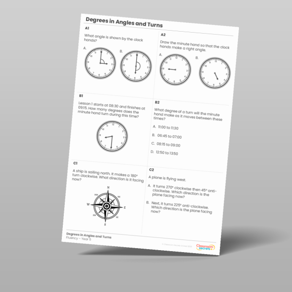 Year 5 Degrees In Angles And Turns Fluency Matrix Resource | Classroom ...