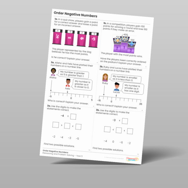 Year 5 Order Negative Numbers Reasoning And Problem Solving Resource | Classroom Secrets