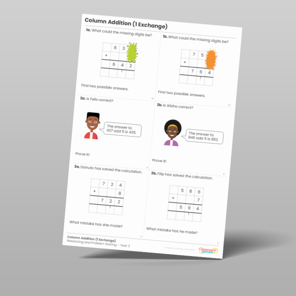 Year 3 Column Addition 1 Exchange Reasoning And Problem Solving ...