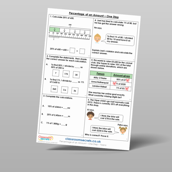 Year 6 Percentage Of An Amount One Step Mixed Activity Resource ...