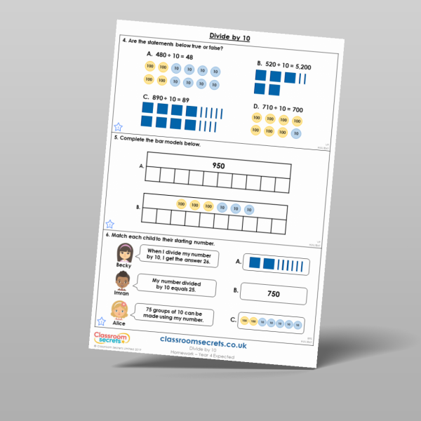 Year 4 Divide By 10 Homework Resource | Classroom Secrets