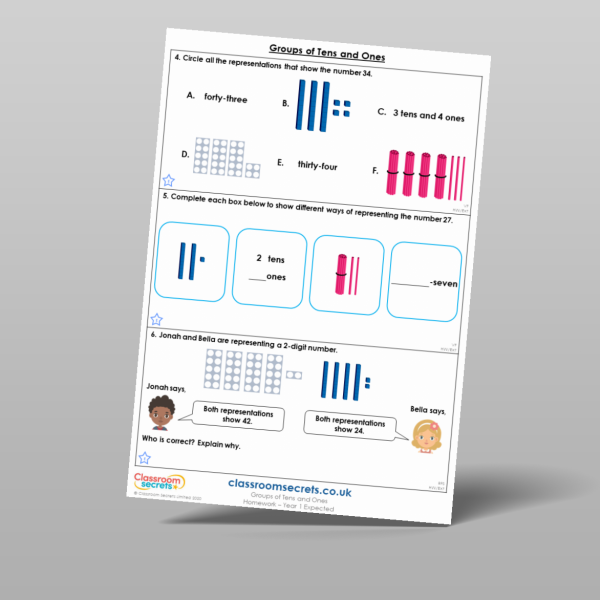 Year 1 Groups Of Tens And Ones Homework Resource | Classroom Secrets