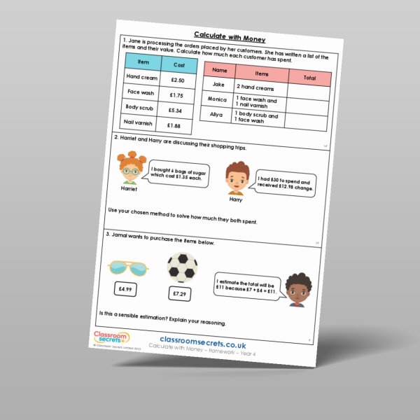 Year 4 Calculate With Money Homework Resource | Classroom Secrets