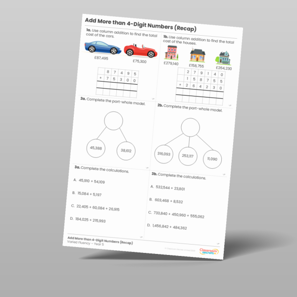 Year 5 Add More Than 4 Digit Numbers Recap Varied Fluency Resource ...