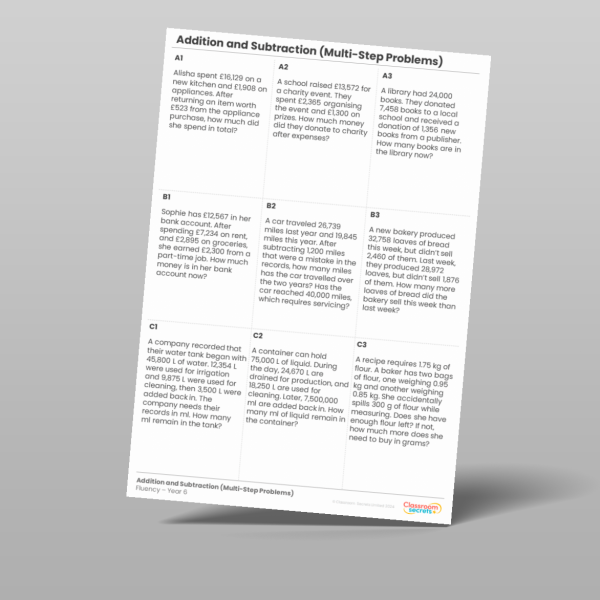 Year 6 Addition And Subtraction Multi Step Problems Fluency Matrix ...