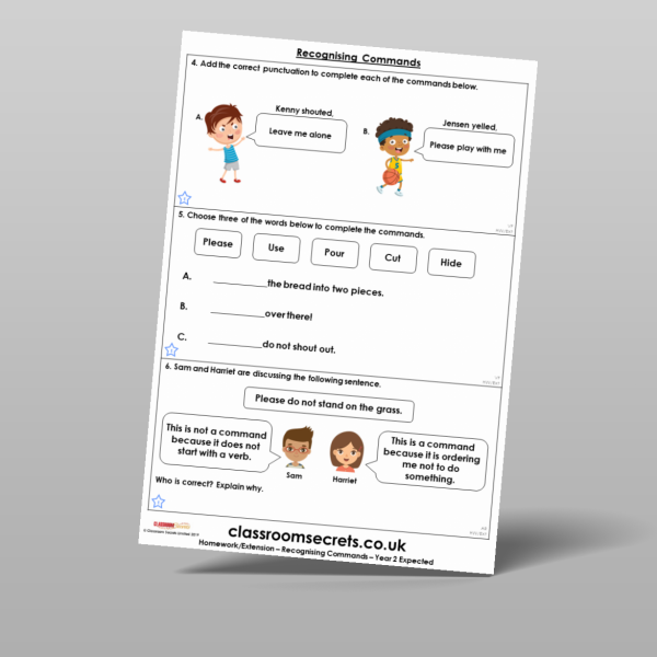 Year 2 Recognising Commands Homework Resource | Classroom Secrets
