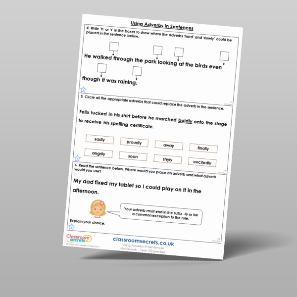 Year 2 Using Adverbs In Sentences Homework Resource | Classroom Secrets