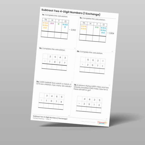 Year 4 Subtract Two 4 Digit Numbers 1 Exchange Varied Fluency Resource ...
