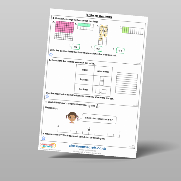 Year 4 Tenths As Decimals Homework Resource | Classroom Secrets