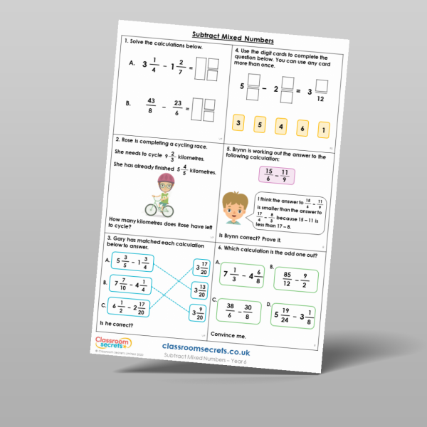 Year 6 Subtract Mixed Numbers Mixed Activity Resource | Classroom Secrets