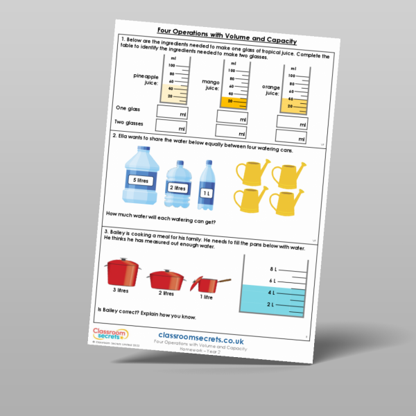 Year 2 Four Operations With Volume And Capacity Homework Resource ...