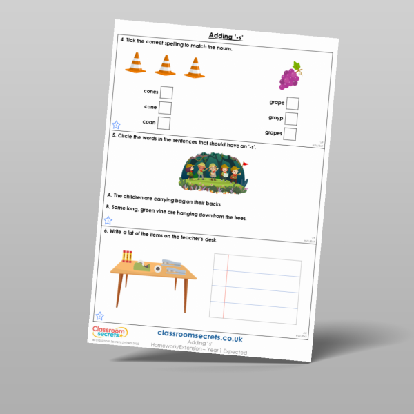 Year 1 Adding S Homework Resource Classroom Secrets