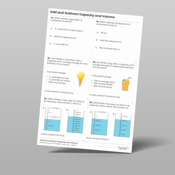 Year 3 Add And Subtract Capacity And Volume Reasoning And Problem Solving 2 Resource Classroom