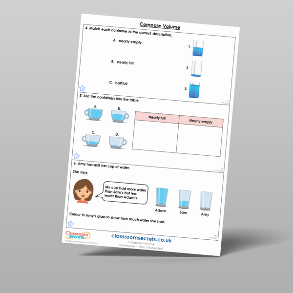 Year 1 Compare Volume Homework Resource | Classroom Secrets