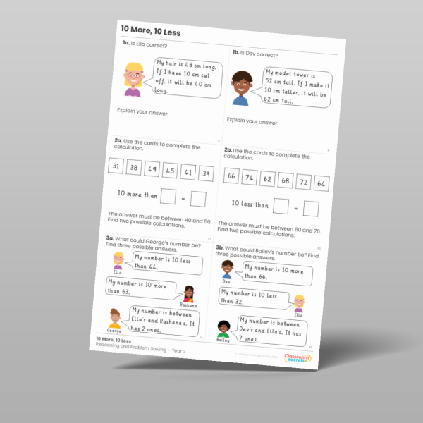Year 2 10 More 10 Less Reasoning And Problem Solving 2 Resource ...