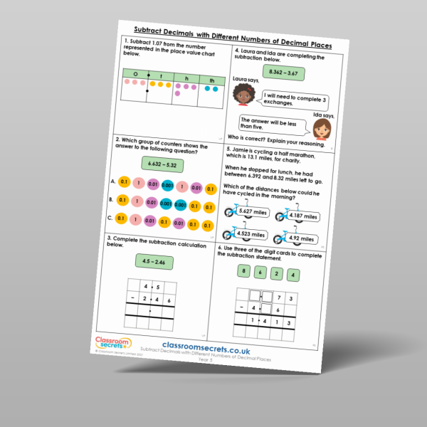 Year 5 Subtracting Decimals With Different Numbers Of Decimal Places Mixed Activity Resource ...