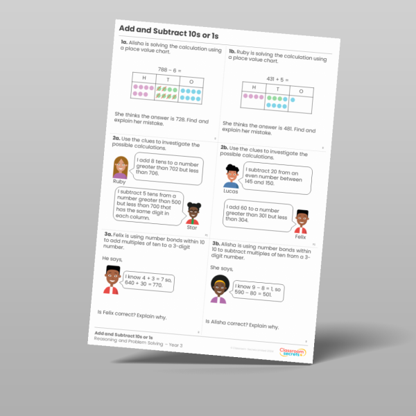 Year 3 Add Or Subtract 10s Or 1s Reasoning And Problem Solving Resource ...