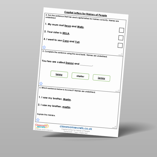 Year 1 Capital Letters For Names Of People Homework Resource ...