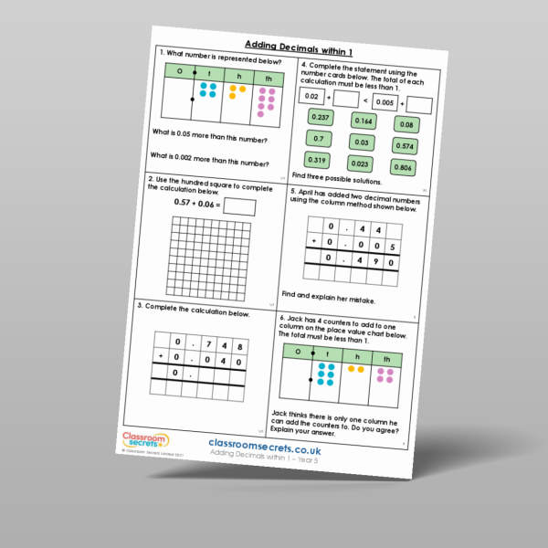 Year 5 Adding Decimals Within 1 Mixed Activity Resource | Classroom Secrets