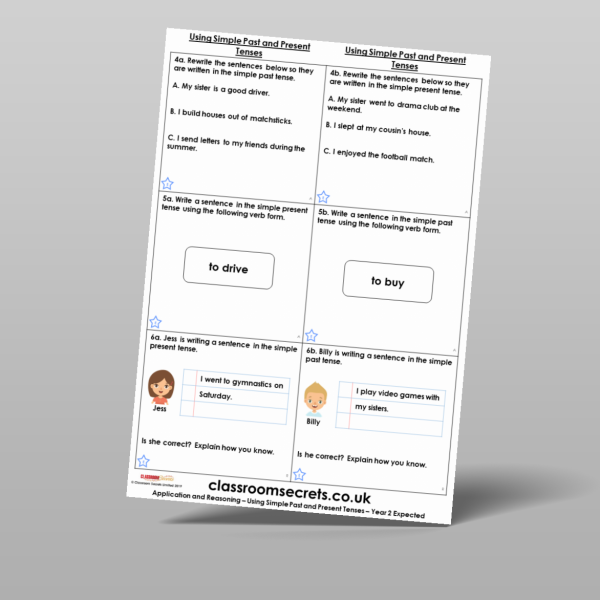 Year 2 Simple Past And Present Tenses Application And Reasoning Resource Classroom Secrets
