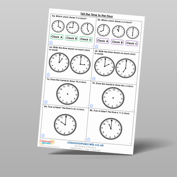 Year 1 Tell The Time To The Hour Varied Fluency Resource | Classroom ...