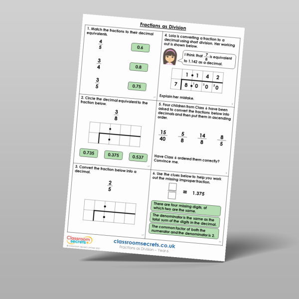 Year 6 Fractions As Division Mixed Activity Resource | Classroom Secrets