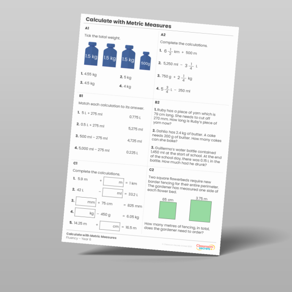 Year 6 Calculate With Metric Measures Fluency Matrix Resource ...
