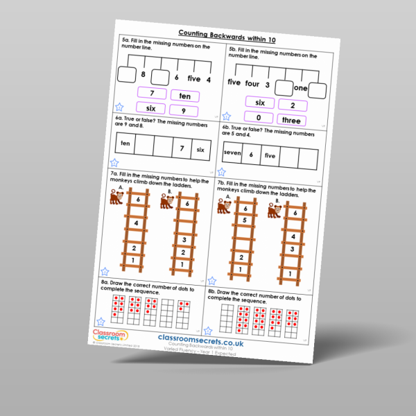 Year 1 Counting Backwards Within 10 Varied Fluency 2 Resource | Classroom Secrets