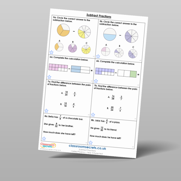 Year 5 Subtract Fractions Varied Fluency Resource | Classroom Secrets