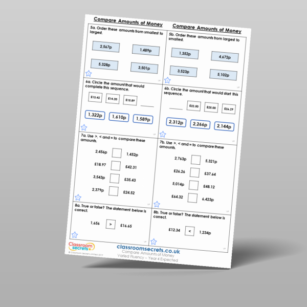 Year 4 Compare Amounts Of Money Varied Fluency Resource | Classroom Secrets