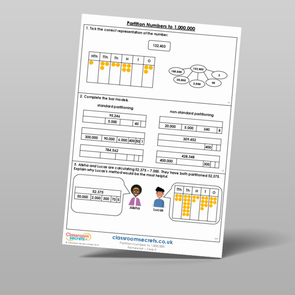 Year 5 Partition Numbers To 1 000 000 Homework Resource | Classroom Secrets