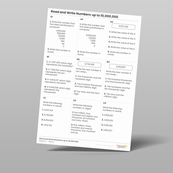 Year 6 Read And Write Numbers Up To 10 000 000 Fluency Matrix Resource Classroom Secrets