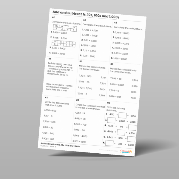 Year 4 Add And Subtract 1s 10s 100s And 1 000s Fluency Matrix Resource | Classroom Secrets