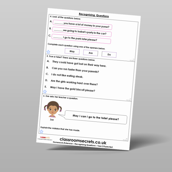 Year 2 Recognising Questions Homework Resource | Classroom Secrets