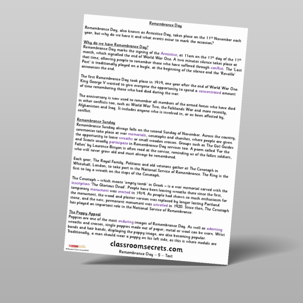 KS2 Remembrance Day Black Guided Reading Pack Resource | Classroom Secrets