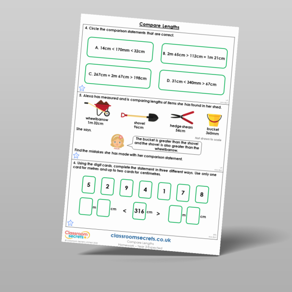 Year 3 Compare Lengths Homework Resource | Classroom Secrets