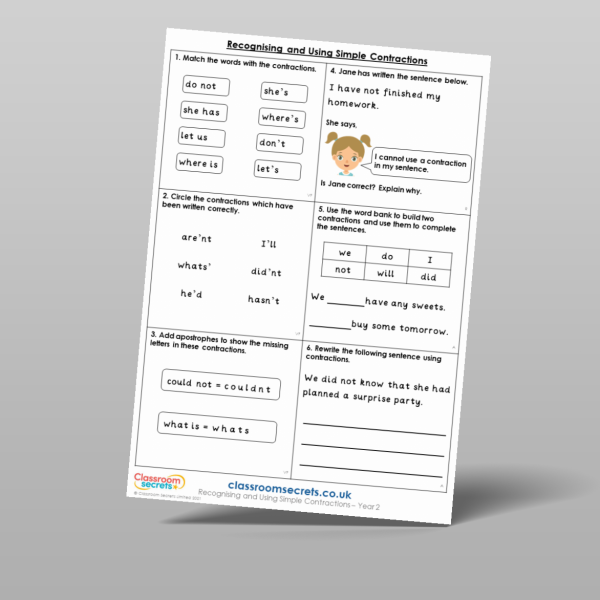 Year 2 Using Simple Contractions Mixed Activity Resource | Classroom ...