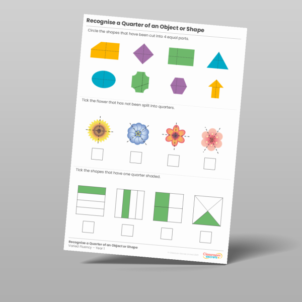 Year 1 Recognise A Quarter Of An Object Or Shape Varied Fluency Resource | Classroom Secrets