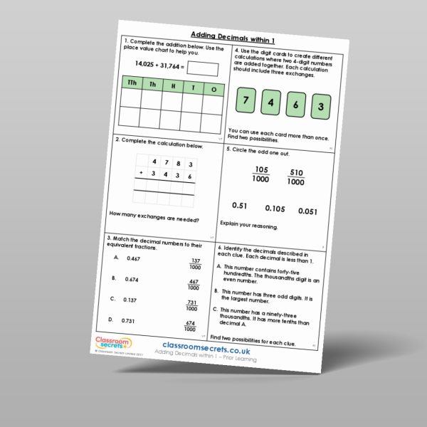 Year 5 Adding Decimals Within 1 Prior Learning Resource | Classroom Secrets