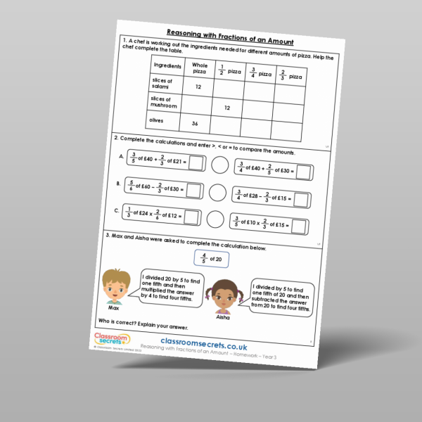 Year 3 Reasoning With Fractions Of An Amount Homework Resource Classroom Secrets