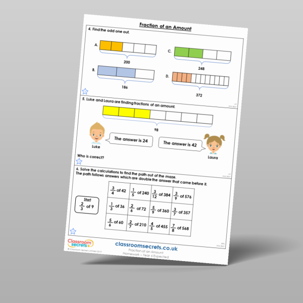 Year 6 Fraction Of An Amount Homework Resource | Classroom Secrets