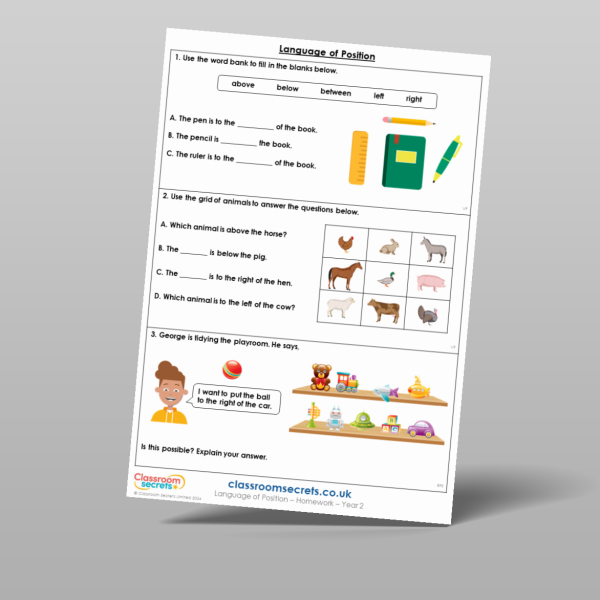 Year 2 Language Of Position Homework Resource | Classroom Secrets