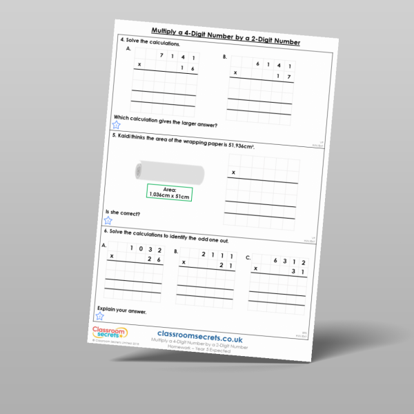 Year 5 Multiply A 4 Digit Number By A 2 Digit Number Homework Resource ...