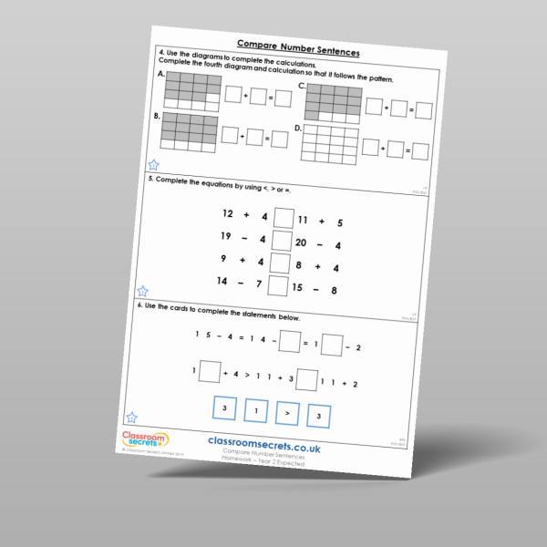 Year 2 Compare Number Sentences Homework Resource | Classroom Secrets