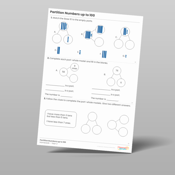 Year 2 Partition Numbers Up To 100 Homework Resource | Classroom Secrets