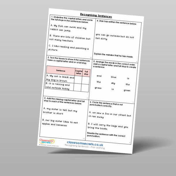 Year 2 Recognising Sentences Prior Learning Resource Classroom Secrets
