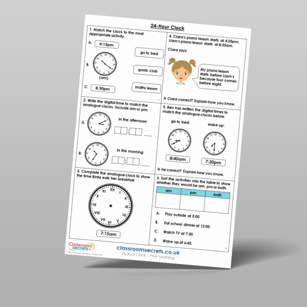 Year 3 24 Hour Clock Prior Learning Resource | Classroom Secrets