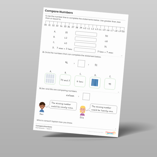 Year 2 Compare Numbers Homework 2 Resource | Classroom Secrets