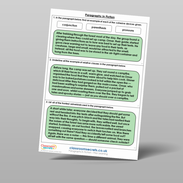 Year 6 Paragraphs In Fiction Prior Learning Resource | Classroom Secrets
