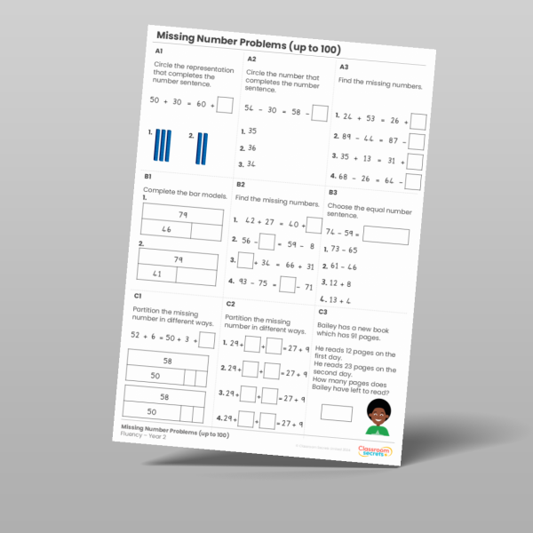 Year 2 Missing Number Problems Up To 100 Fluency Matrix Resource ...